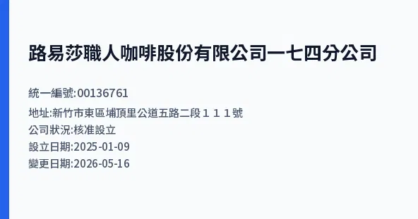 路易莎職人咖啡股份有限公司一七四分公司的照片-統編 00136761(新竹市) 公司登記資料與營業項目詳細圖表