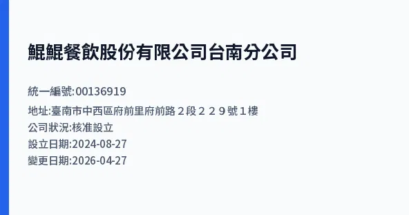 鯤鯤餐飲股份有限公司台南分公司的照片-統編 00136919(臺南市) 公司登記資料與營業項目詳細圖表