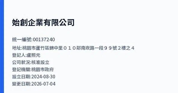 始創企業有限公司的照片-統編 00137240(桃園市) 公司登記資料與營業項目詳細圖表