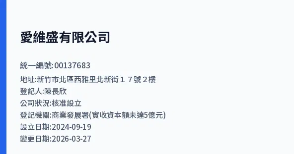 愛維盛有限公司的照片-統編 00137683(新竹市) 公司登記資料與營業項目詳細圖表
