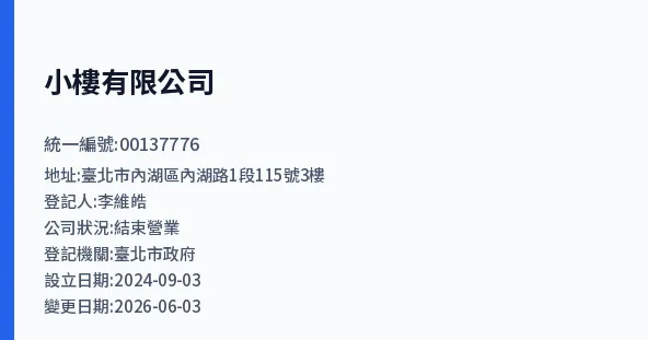 小樓有限公司的照片-統編 00137776(臺北市) 公司登記資料與營業項目詳細圖表
