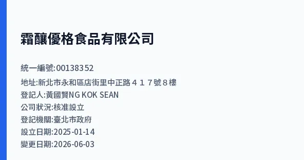 霜釀優格食品有限公司的照片-統編 00138352(新北市) 公司登記資料與營業項目詳細圖表