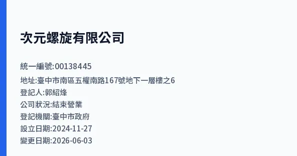 次元螺旋有限公司的照片-統編 00138445(臺中市) 公司登記資料與營業項目詳細圖表