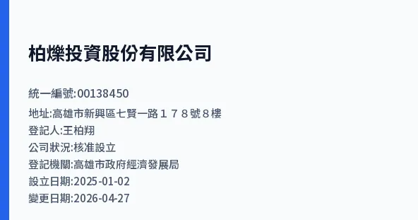 柏爍投資股份有限公司的照片-統編 00138450(高雄市) 公司登記資料與營業項目詳細圖表