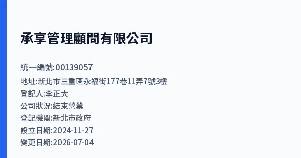 承享管理顧問有限公司的照片-統編 00139057(新北市) 公司登記資料與營業項目詳細圖表