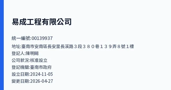 易成工程有限公司的照片-統編 00139937(臺南市) 公司登記資料與營業項目詳細圖表