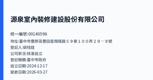 源泉室內裝修建設股份有限公司的照片-統編 00140596(臺中市) 公司登記資料與營業項目詳細圖表