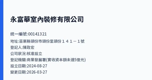 永富華室內裝修有限公司的照片-統編 00141321(苗栗縣) 公司登記資料與營業項目詳細圖表