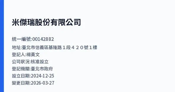 米傑瑞股份有限公司的照片-統編 00142882(臺北市) 公司登記資料與營業項目詳細圖表