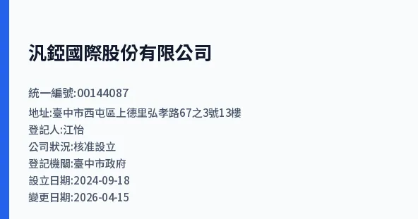 汎錏國際股份有限公司的照片-統編 00144087(臺中市) 公司登記資料與營業項目詳細圖表