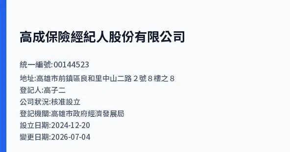 高成保險經紀人股份有限公司的照片-統編 00144523(高雄市) 公司登記資料與營業項目詳細圖表