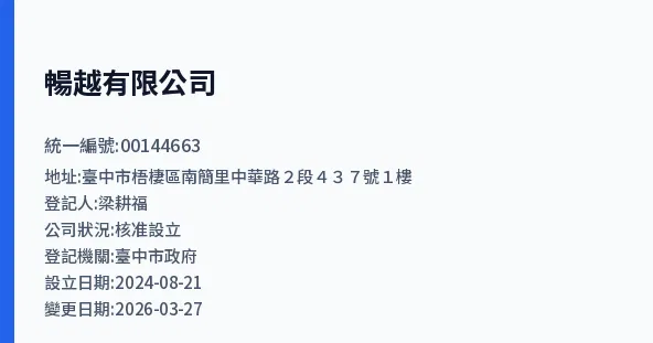 暢越有限公司的照片-統編 00144663(臺中市) 公司登記資料與營業項目詳細圖表