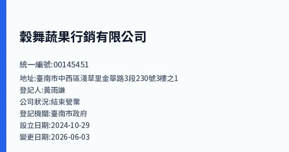 穀舞蔬果行銷有限公司的照片-統編 00145451(臺南市) 公司登記資料與營業項目詳細圖表