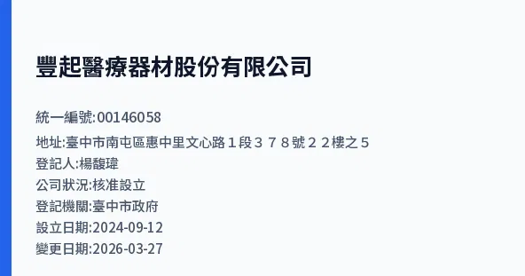 豐起醫療器材股份有限公司的照片-統編 00146058(臺中市) 公司登記資料與營業項目詳細圖表