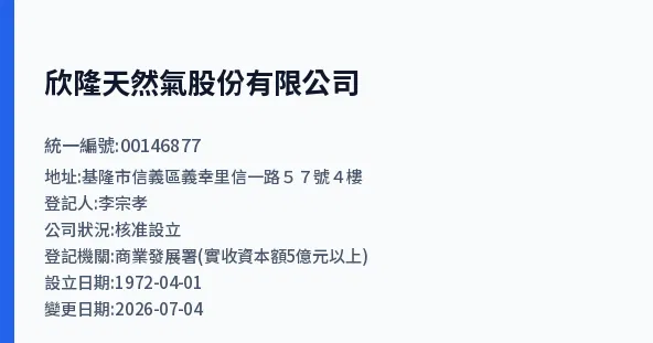 欣隆天然氣股份有限公司的照片-統編 00146877(基隆市) 公司登記資料與營業項目詳細圖表