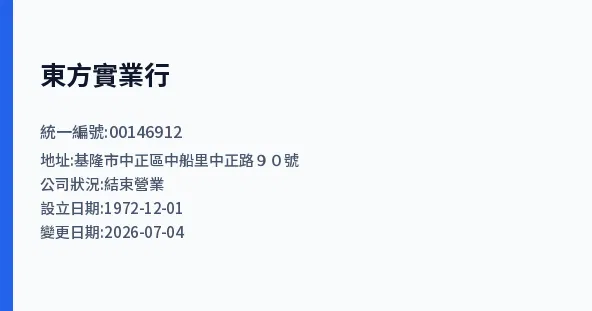 東方實業行的照片-統編 00146912(基隆市) 公司登記資料與營業項目詳細圖表