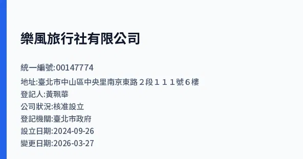 樂風旅行社有限公司的照片-統編 00147774(臺北市) 公司登記資料與營業項目詳細圖表
