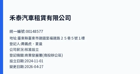 禾泰汽車租賃有限公司的照片-統編 00148577(臺東縣) 公司登記資料與營業項目詳細圖表