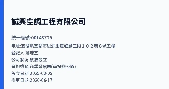 誠興空調工程有限公司的照片-統編 00148725(宜蘭縣) 公司登記資料與營業項目詳細圖表