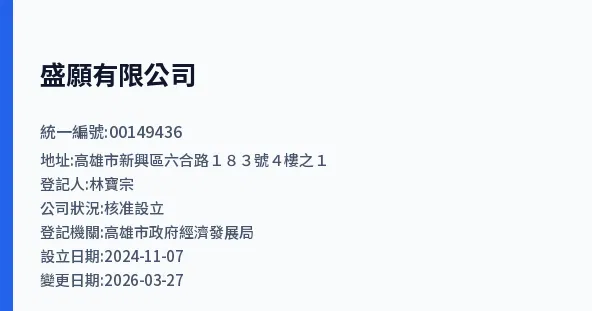 盛願有限公司的照片-統編 00149436(高雄市) 公司登記資料與營業項目詳細圖表