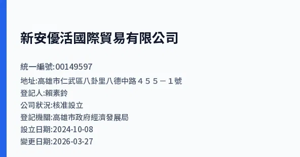 新安優活國際貿易有限公司的照片-統編 00149597(高雄市) 公司登記資料與營業項目詳細圖表