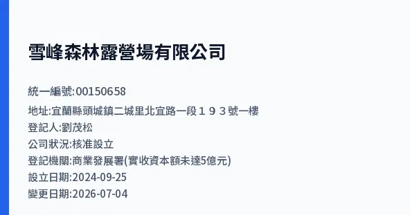 雪峰森林露營場有限公司的照片-統編 00150658(宜蘭縣) 公司登記資料與營業項目詳細圖表