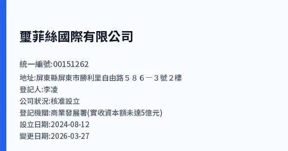 璽菲絲國際有限公司的照片-統編 00151262(屏東縣) 公司登記資料與營業項目詳細圖表