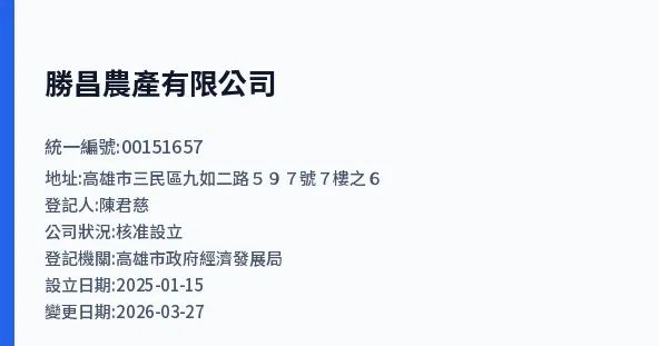 勝昌農產有限公司的照片-統編 00151657(高雄市) 公司登記資料與營業項目詳細圖表