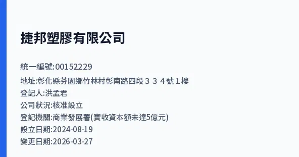 捷邦塑膠有限公司的照片-統編 00152229(彰化縣) 公司登記資料與營業項目詳細圖表