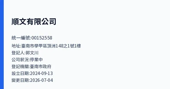 順文有限公司的照片-統編 00152558(臺南市) 公司登記資料與營業項目詳細圖表