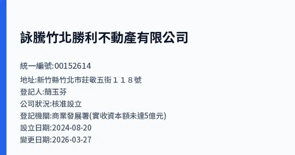 詠騰竹北勝利不動產有限公司的照片-統編 00152614(新竹縣) 公司登記資料與營業項目詳細圖表