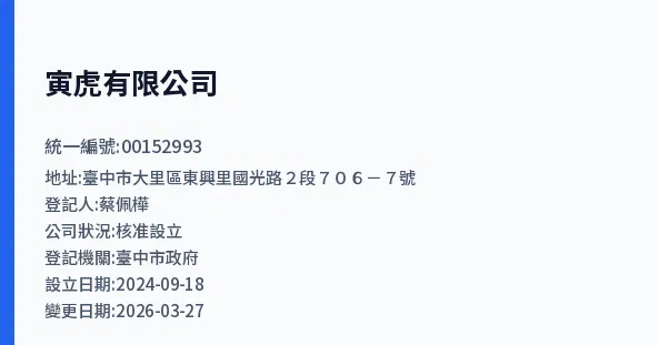 寅虎有限公司的照片-統編 00152993(臺中市) 公司登記資料與營業項目詳細圖表