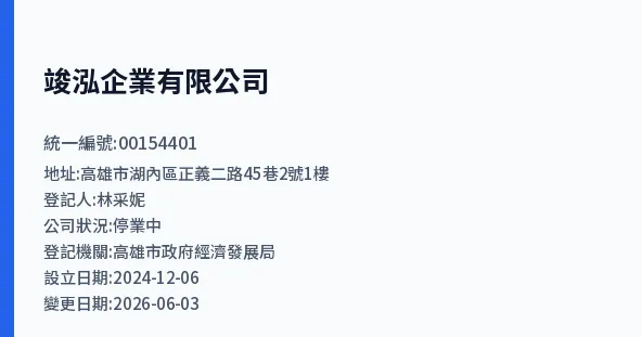 竣泓企業有限公司的照片-統編 00154401(高雄市) 公司登記資料與營業項目詳細圖表