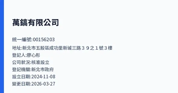 萬鎬有限公司的照片-統編 00156203(新北市) 公司登記資料與營業項目詳細圖表