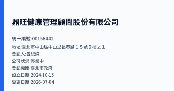 鼎旺健康管理顧問股份有限公司的照片-統編 00156442(臺北市) 公司登記資料與營業項目詳細圖表