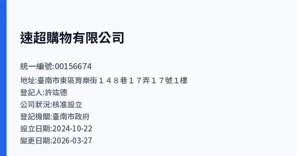 速超購物有限公司的照片-統編 00156674(臺南市) 公司登記資料與營業項目詳細圖表