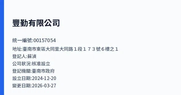 豐勤有限公司的照片-統編 00157054(臺南市) 公司登記資料與營業項目詳細圖表