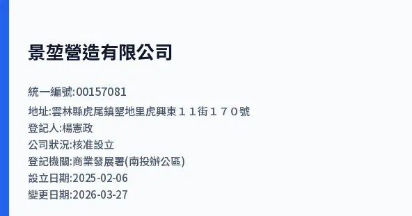 景堃營造有限公司的照片-統編 00157081(雲林縣) 公司登記資料與營業項目詳細圖表