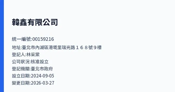 韓鑫有限公司的照片-統編 00159216(臺北市) 公司登記資料與營業項目詳細圖表
