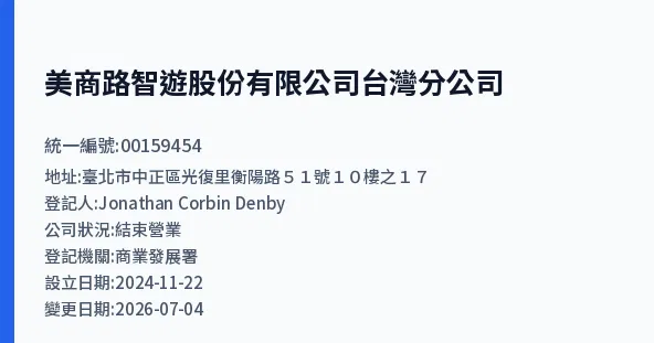 美商路智遊股份有限公司台灣分公司的照片-統編 00159454(臺北市) 公司登記資料與營業項目詳細圖表