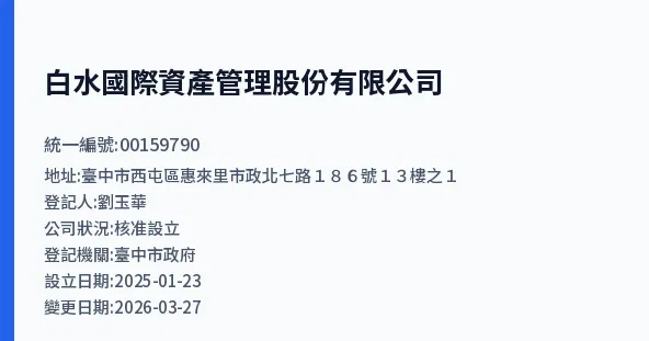 白水國際資產管理股份有限公司的照片-統編 00159790(臺中市) 公司登記資料與營業項目詳細圖表