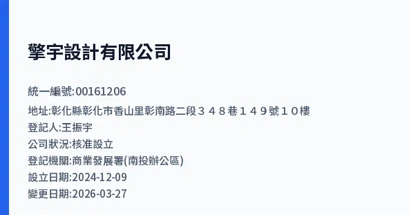 擎宇設計有限公司的照片-統編 00161206(彰化縣) 公司登記資料與營業項目詳細圖表