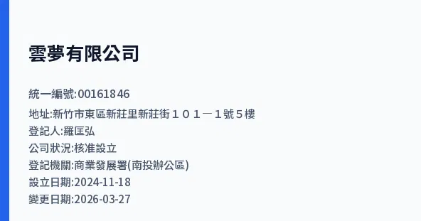 雲夢有限公司的照片-統編 00161846(新竹市) 公司登記資料與營業項目詳細圖表