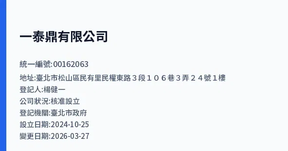 一泰鼎有限公司的照片-統編 00162063(臺北市) 公司登記資料與營業項目詳細圖表