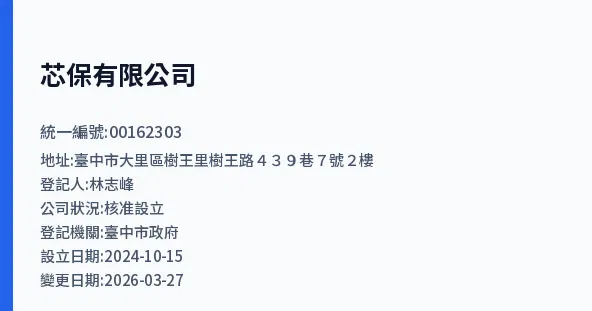 芯保有限公司的照片-統編 00162303(臺中市) 公司登記資料與營業項目詳細圖表