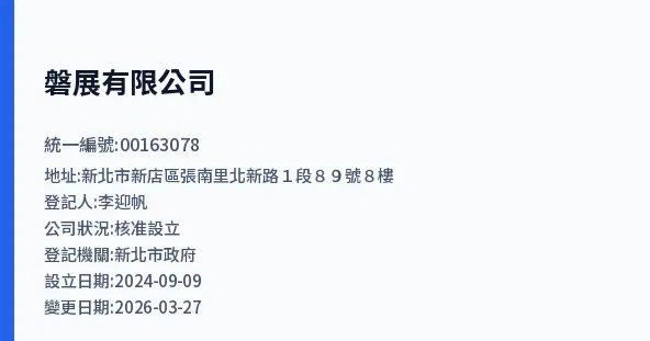 磐展有限公司的照片-統編 00163078(新北市) 公司登記資料與營業項目詳細圖表