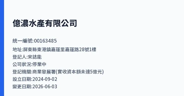 億濃水產有限公司的照片-統編 00163485(屏東縣) 公司登記資料與營業項目詳細圖表
