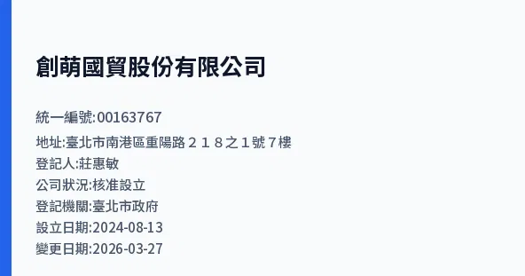 創萌國貿股份有限公司的照片-統編 00163767(臺北市) 公司登記資料與營業項目詳細圖表