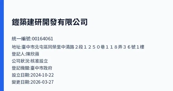 鎧築建研開發有限公司的照片-統編 00164061(臺中市) 公司登記資料與營業項目詳細圖表