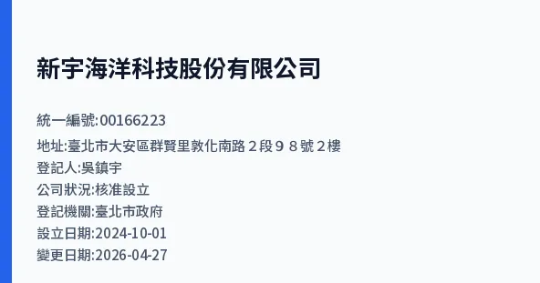 新宇海洋科技股份有限公司的照片-統編 00166223(臺北市) 公司登記資料與營業項目詳細圖表
